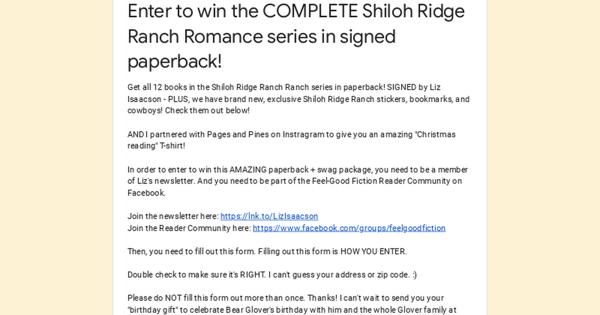 Enter to win the COMPLETE Shiloh Ridge Ranch Romance series in signed paperback!